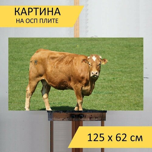 Картина на ОСП 125х62 см. "Корова, животное, анималистический портрет" горизонтальная, для интерьера, с креплениями