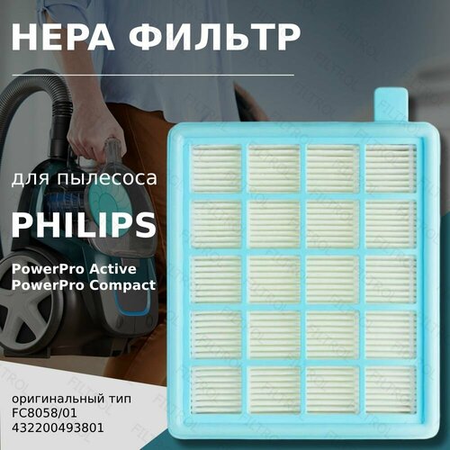 HEPA фильтр для пылесоса Philips тип FC8058/01 серия PowerPro Active FC8630-8649, FC9520-9529, FC8670-8679, FC9530-9542; PowerPro Compact FC8470-8479, FC9320-9329; Kambrook ABV400 и ABV40FH