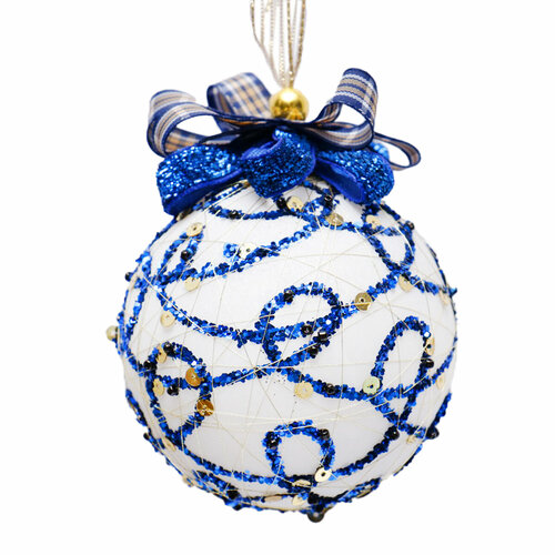 Елочный шар SYPMQA-0223356, с бантом, d 8 см, белый/синий