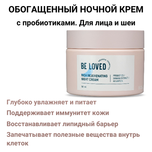 Обогащенный ночной крем с пробиотиками "BE LOVED" Rich Rejuvenating Night Cream. Глубоко увлажняет и питает, запечатывает полезные вещества внутрь клеток, восстанавливает липидный барьер