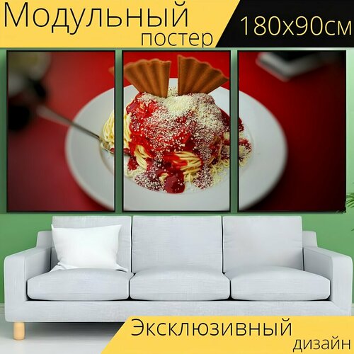 Модульный постер "Мороженое, спагетти со льдом, ванильное мороженное" 180 x 90 см. для интерьера