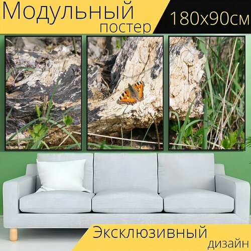 Модульный постер "Маленькая лиса, бабочка, природа" 180 x 90 см. для интерьера