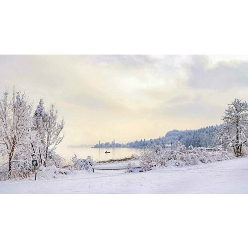 Картина на холсте 60x110 LinxOne "Озеро, лодка, снег, зима, природа" интерьерная для дома / на стену / на кухню / с подрамником