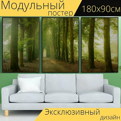 Модульный постер "Пейзаж, туман, лес" 180 x 90 см. для интерьера