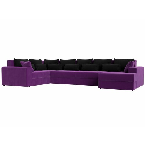 П-образный диван Майами правый угол, Микровельвет фиолетовый, подушки черн/черн/фио