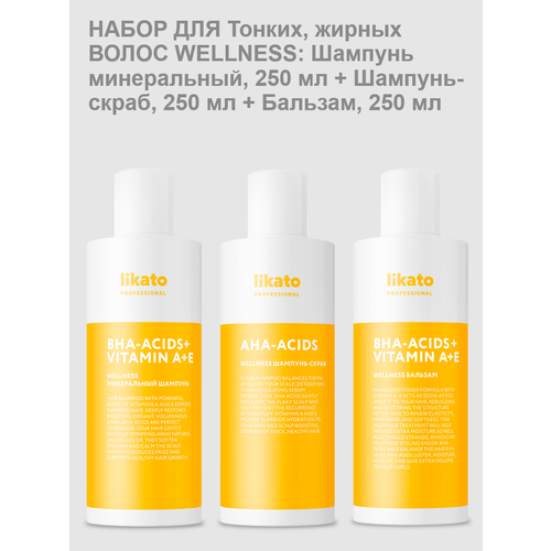 Likato набор для Тонких, жирных волос WELLNESS: Шампунь минеральный, 250 мл + Шампунь-скраб, 250 мл + Бальзам, 250 мл