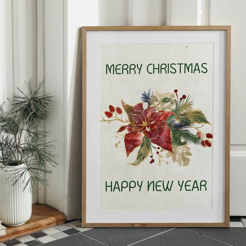 Постер интерьерный новогодний с цветком пуансеттии, рождественская звезда, 30х40 см, без рамы