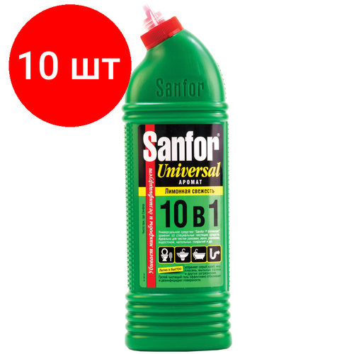 Комплект 10 шт, Чистящее средство для сантехники Sanfor "Universal 10в1. Лимонная свежесть", гель с хлором, 1л