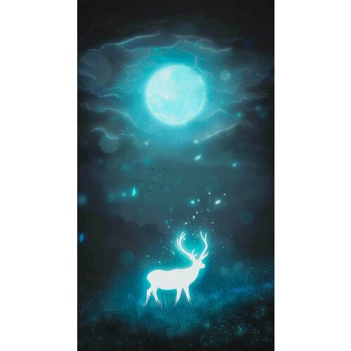 Картина на холсте 60x110 LinxOne "Олень, ночь, луна, свечение, вертикальный" интерьерная для дома / на стену / на кухню / с подрамником