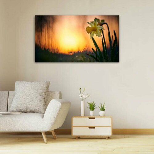 Картина на холсте 60x110 LinxOne "Природа утро трава цветы" интерьерная для дома / на стену / на кухню / с подрамником