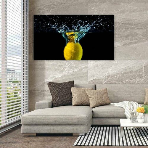 Картина на холсте 60x110 LinxOne "Вода ветвь лимон капли" интерьерная для дома / на стену / на кухню / с подрамником