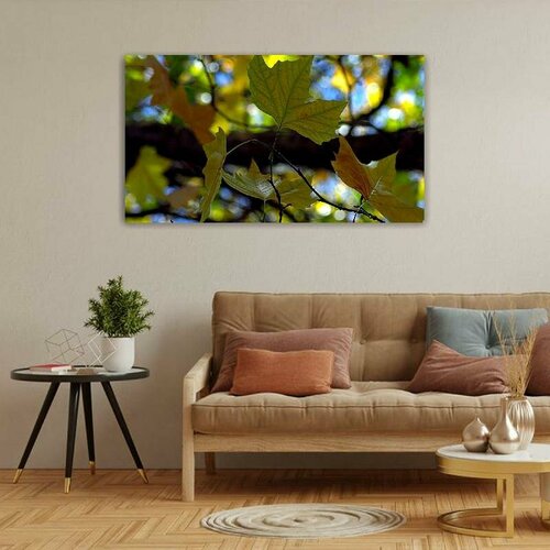 Картина на холсте 60x110 LinxOne "Макро, ветки, листва, осень" интерьерная для дома / на стену / на кухню / с подрамником