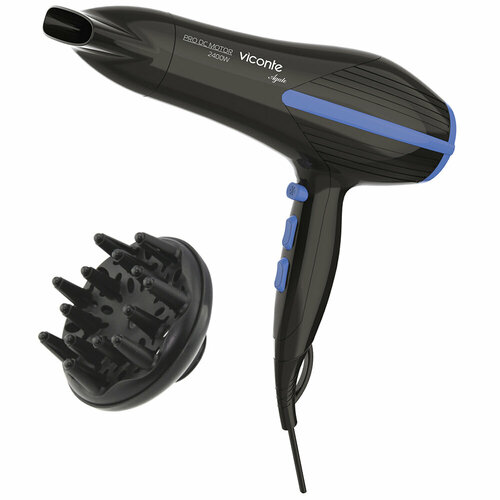 Фен для волос Viconte 2400 Вт для сушки и укладки с насадками (диффузор и концентратор) черный с синим