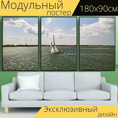 Модульный постер "Парусное судно, судно, один мастер" 180 x 90 см. для интерьера