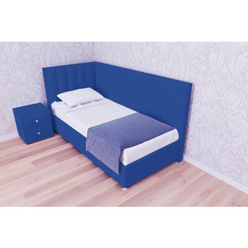 Двуспальная кровать Сочи 140x200 основание металлическое с ламелями велюр синий ножки 13 см хром угол правый