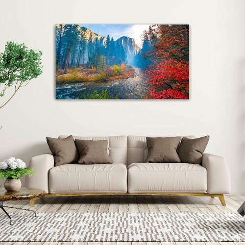 Картина на холсте 60x110 LinxOne "Осень деревья Йосемитская долина" интерьерная для дома / на стену / на кухню / с подрамником