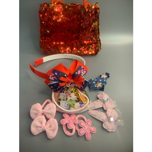 Подарочный набор для девочек- резинки и заколки с ободком в сумочке с пайетками