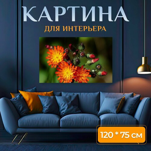 Картина на холсте "Дикий цветок, завод, апельсин" на подрамнике 120х75 см. для интерьера