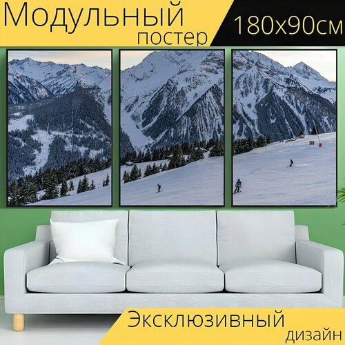Модульный постер "Гора, кататься на лыжах, зима" 180 x 90 см. для интерьера