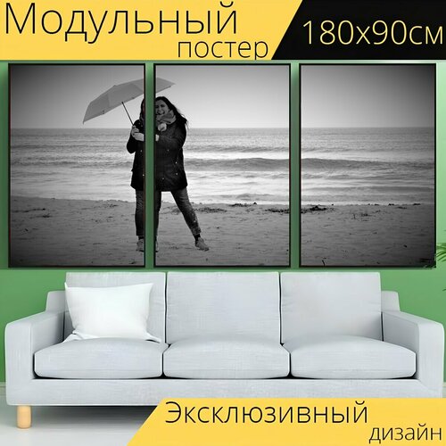 Модульный постер "Дождливая погода, зонтик, женщина" 180 x 90 см. для интерьера