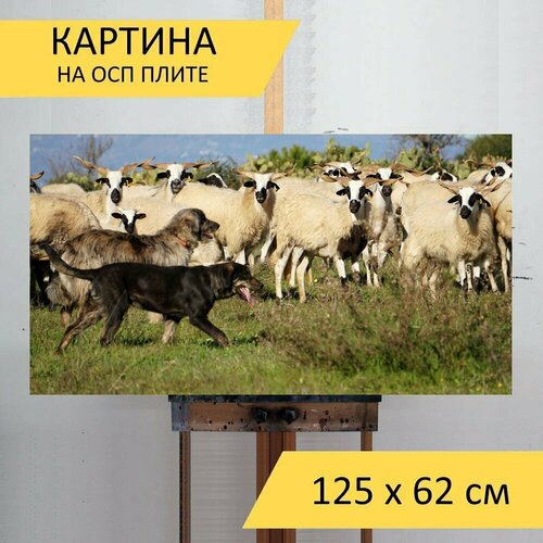 Картина на ОСП 125х62 см. "Овец, пастухи, пасти" горизонтальная, для интерьера, с креплениями