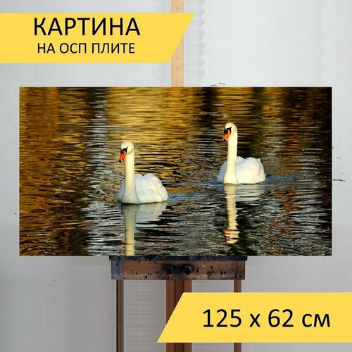 Картина на ОСП 125х62 см. "Лебедь, воды, озеро" горизонтальная, для интерьера, с креплениями