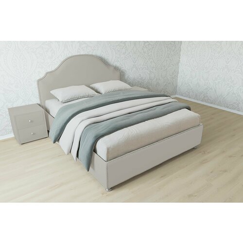 Двуспальная кровать Мария 140x200 с подъемным механизмом и с коробом для белья велюр бежевый ножки 13 см хром