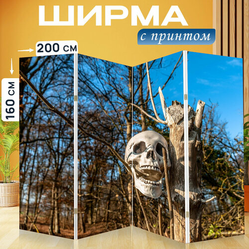 Ширма перегородка с принтом "Череп, дерево, лес" на холсте - 200x160 см. для зонирования, раскладная