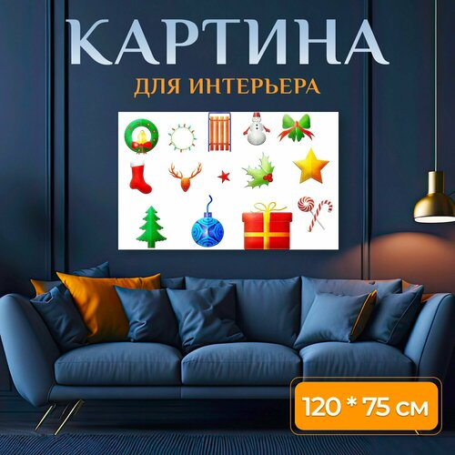 Картина на холсте "Рождественские товары, венок, снеговик" на подрамнике 120х75 см. для интерьера