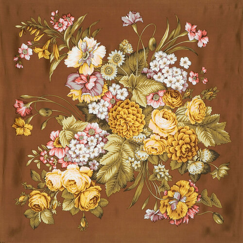 Платок Павловопосадская платочная мануфактура,89х89 см, коричневый, желтый