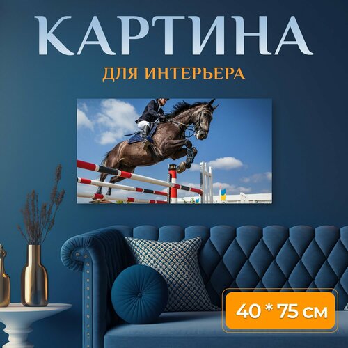 Картина на холсте "Лошадь, всадник, конкур" на подрамнике 75х40 см. для интерьера