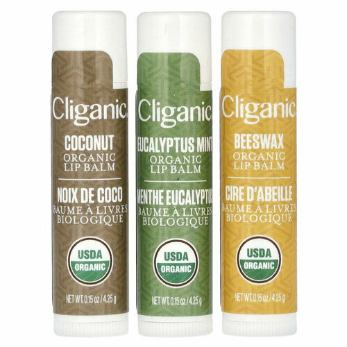 Cliganic, Набор органических бальзамов для губ, 3 упаковки, по 4,25 гр.
