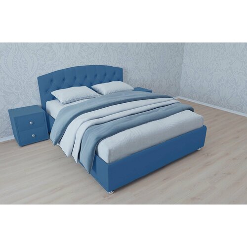 Односпальная кровать Берлин 80x200 с подъемным механизмом и с коробом для белья велюр синий ножки 5 см