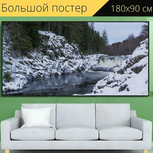 Большой постер "Водопад, река, карелия" 180 x 90 см. для интерьера
