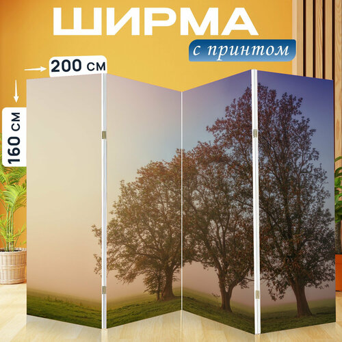 Ширма перегородка с принтом "Туман, падение, деревья" на холсте - 200x160 см. для зонирования, раскладная