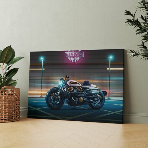 Картина на холсте "Мотоцикл, припаркованный перед неоновой вывеской" 20x30 см. Интерьерная, на стену.