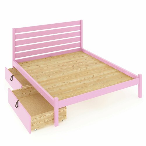 Кровать двуспальная Классика из массива сосны со сплошным основанием и высокой спинкой, 120х200 см, с двумя выкатными ящиками, цвет розовый