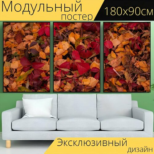 Модульный постер "Листья, красный, осень" 180 x 90 см. для интерьера
