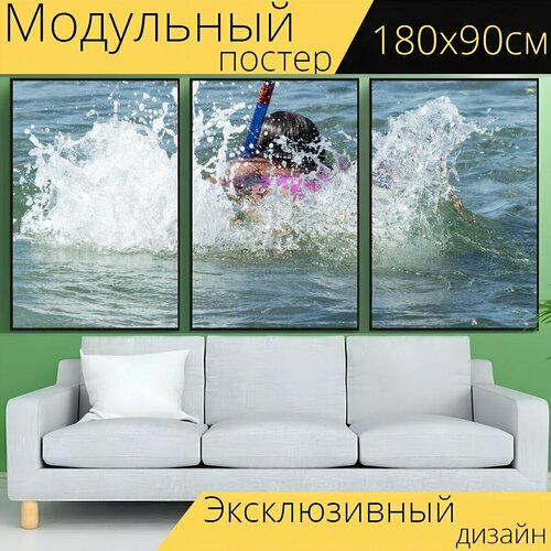 Модульный постер "Брызги, плавание, девочка" 180 x 90 см. для интерьера