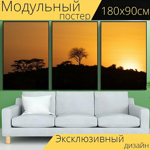 Модульный постер "Восход солнца, африке, самбуру" 180 x 90 см. для интерьера