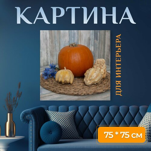 Картина на холсте "Тыквы, натюрморт, осень" на подрамнике 75х75 см. для интерьера