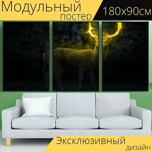 Модульный постер "Фантазия, олень, рога" 180 x 90 см. для интерьера