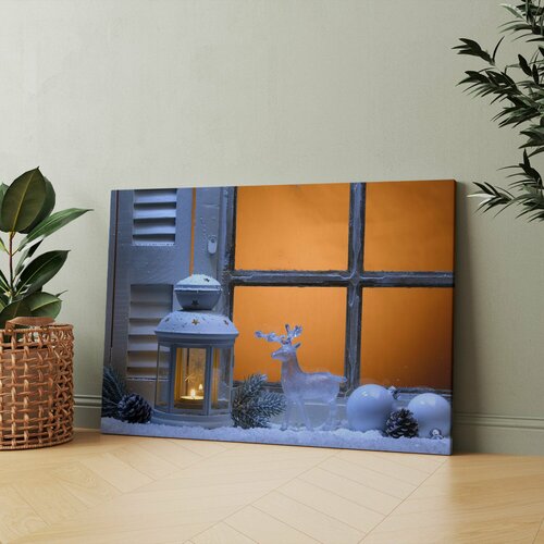 Картина на холсте "Фонарь и статуя оленя перед окном" 20x30 см. Интерьерная, на стену.