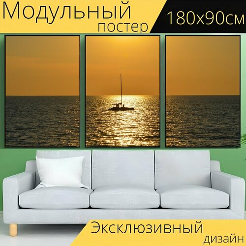 Модульный постер "Тропический, заход солнца, лодка" 180 x 90 см. для интерьера