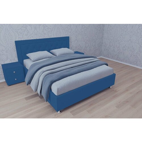 Двуспальная кровать Алания 140x200 основание металлическое с ламелями велюр синий ножки 5 см