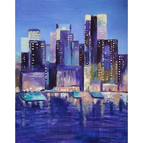 Картина маслом "Ночной город", ручная работа 35х45см
