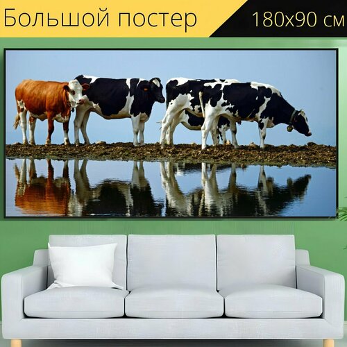 Большой постер "Коровы, вода, мир" 180 x 90 см. для интерьера