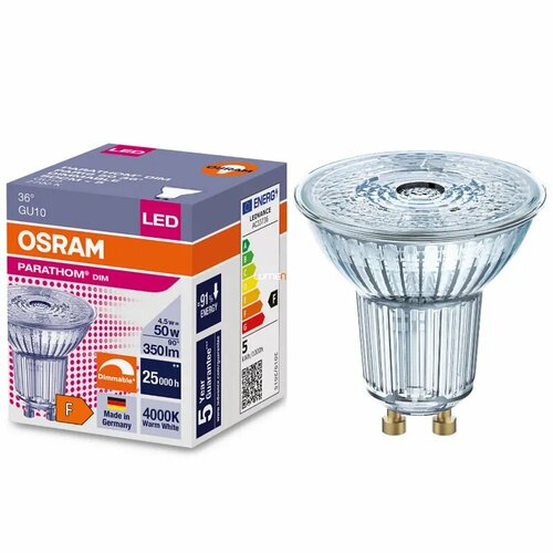 Лампа светодиодная OSRAM 4.5W=50W 220V Софит PARATHOM GU10 PAR16 350Лм Диммируемая угол 36° 4000К Ra≥90 Нейтральный белый, уп. 1шт