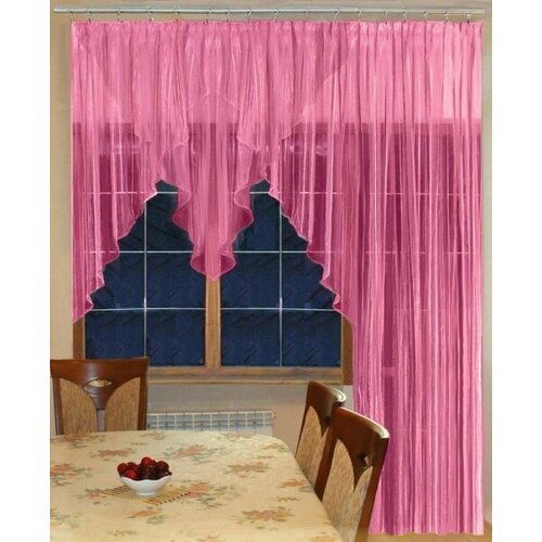 Тюль для окна с балконом на кухню и комнату на ленте ТРИО-1 цвет розовый шир. 300 см выс. 270 см