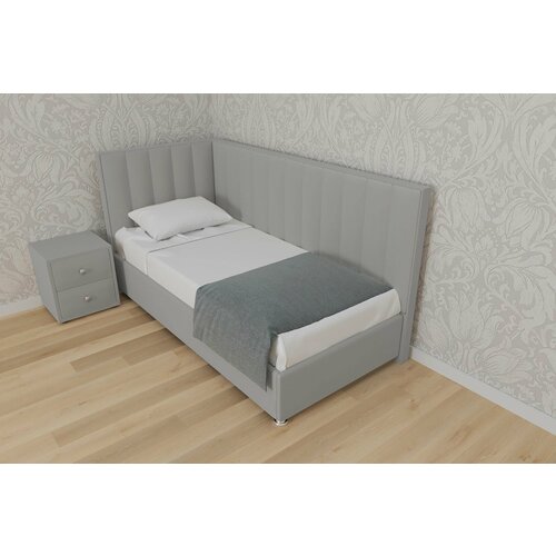Двуспальная кровать Сочи 140x200 основание металлическое с ламелями велюр серый ножки 13 см хром угол правый